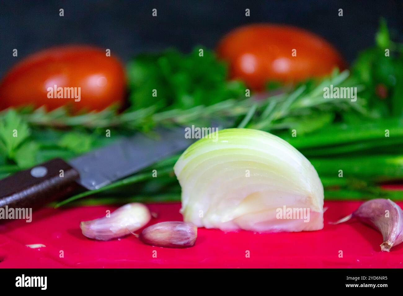 Classic combination of vegetables used in cooking, garlic, onion ...