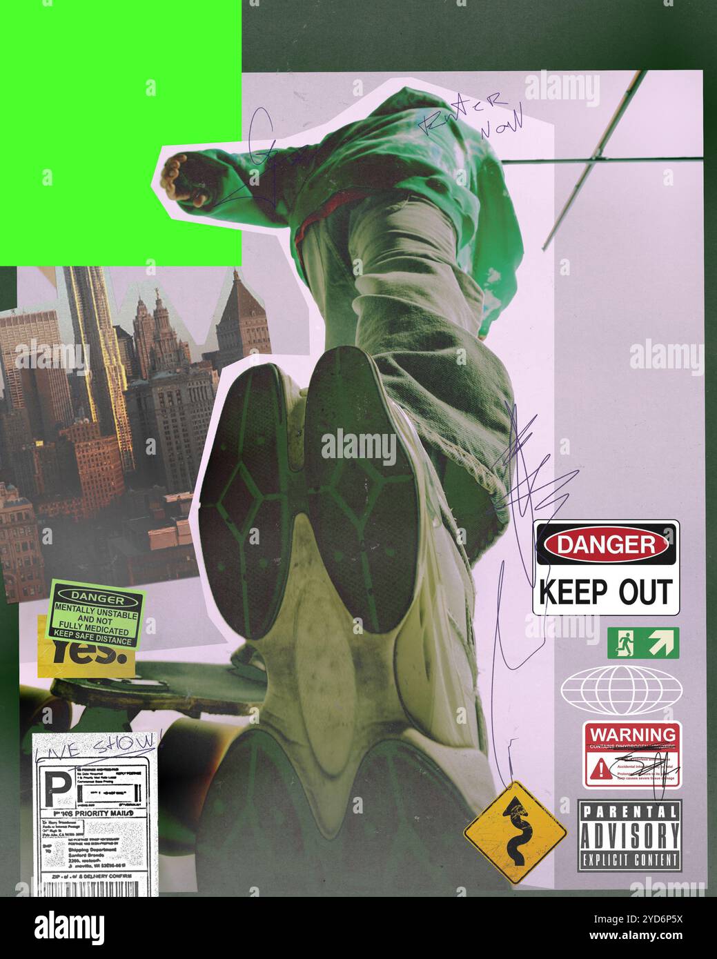 Contemporary art collage. Young man jumps against city skyscrapers ...