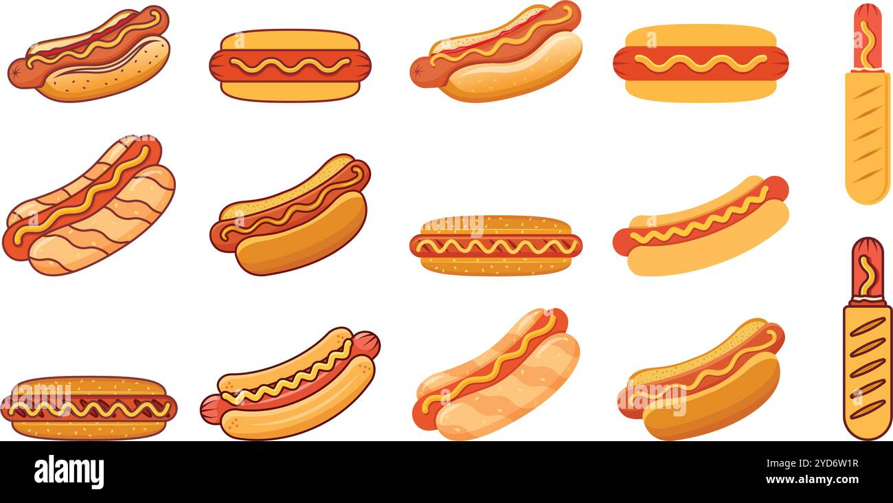 Hotdog icon set in flat style. Hot dog fastfood vector illustration on ...