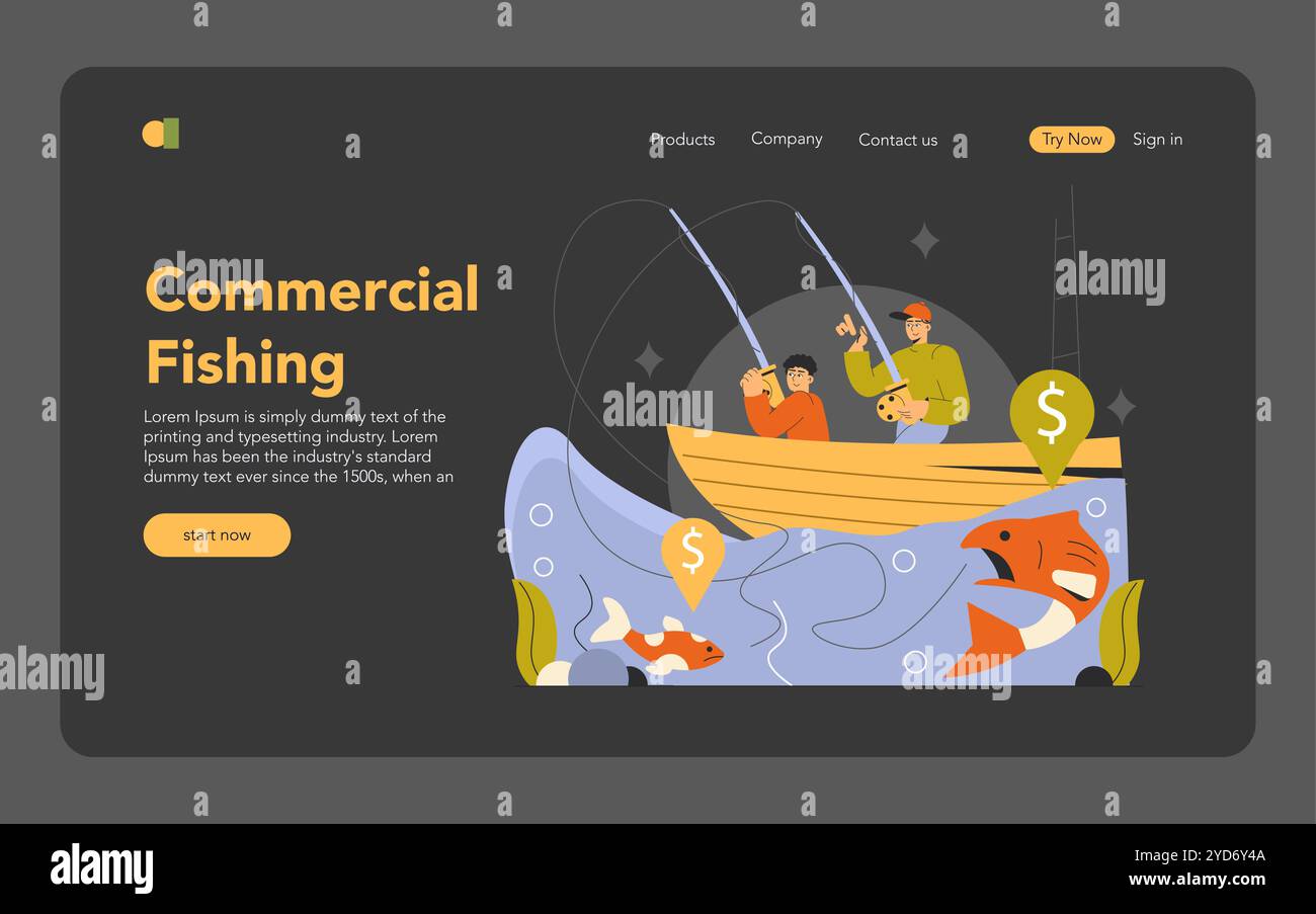 Commercial fishing concept. Fishermen in a boat catch fish ...