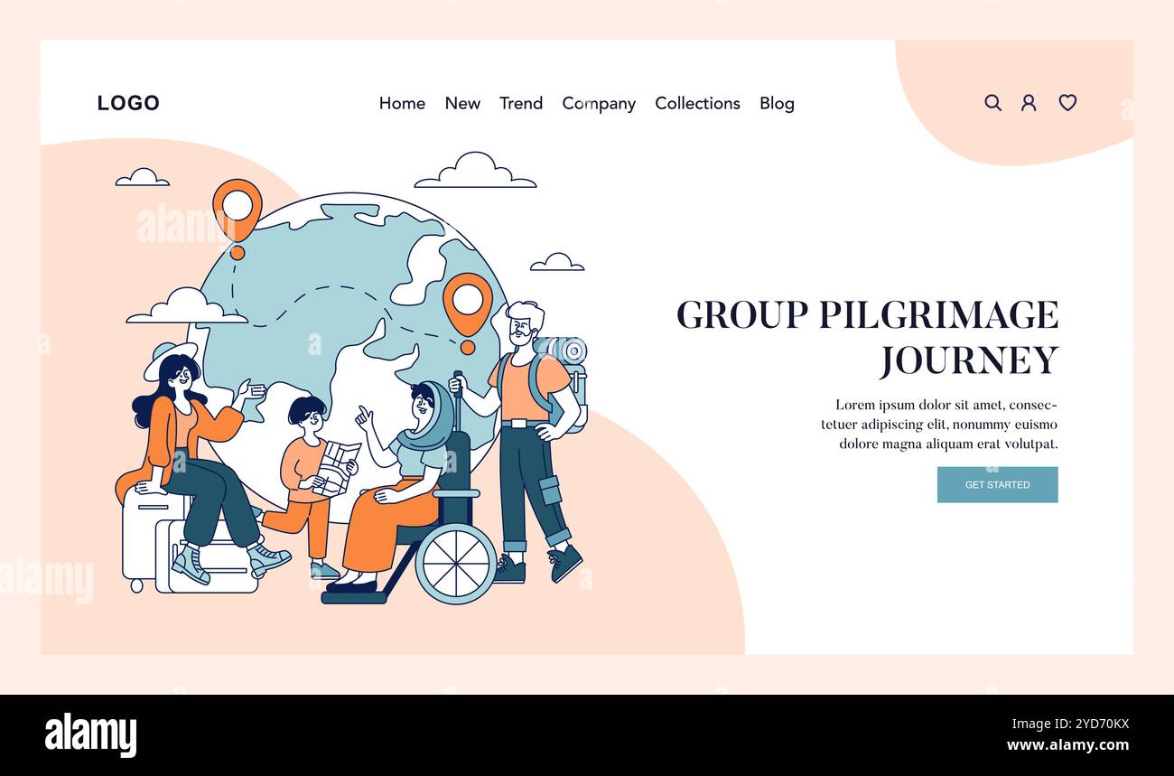 Group pilgrimage journey concept. Diverse travelers referenced on a ...
