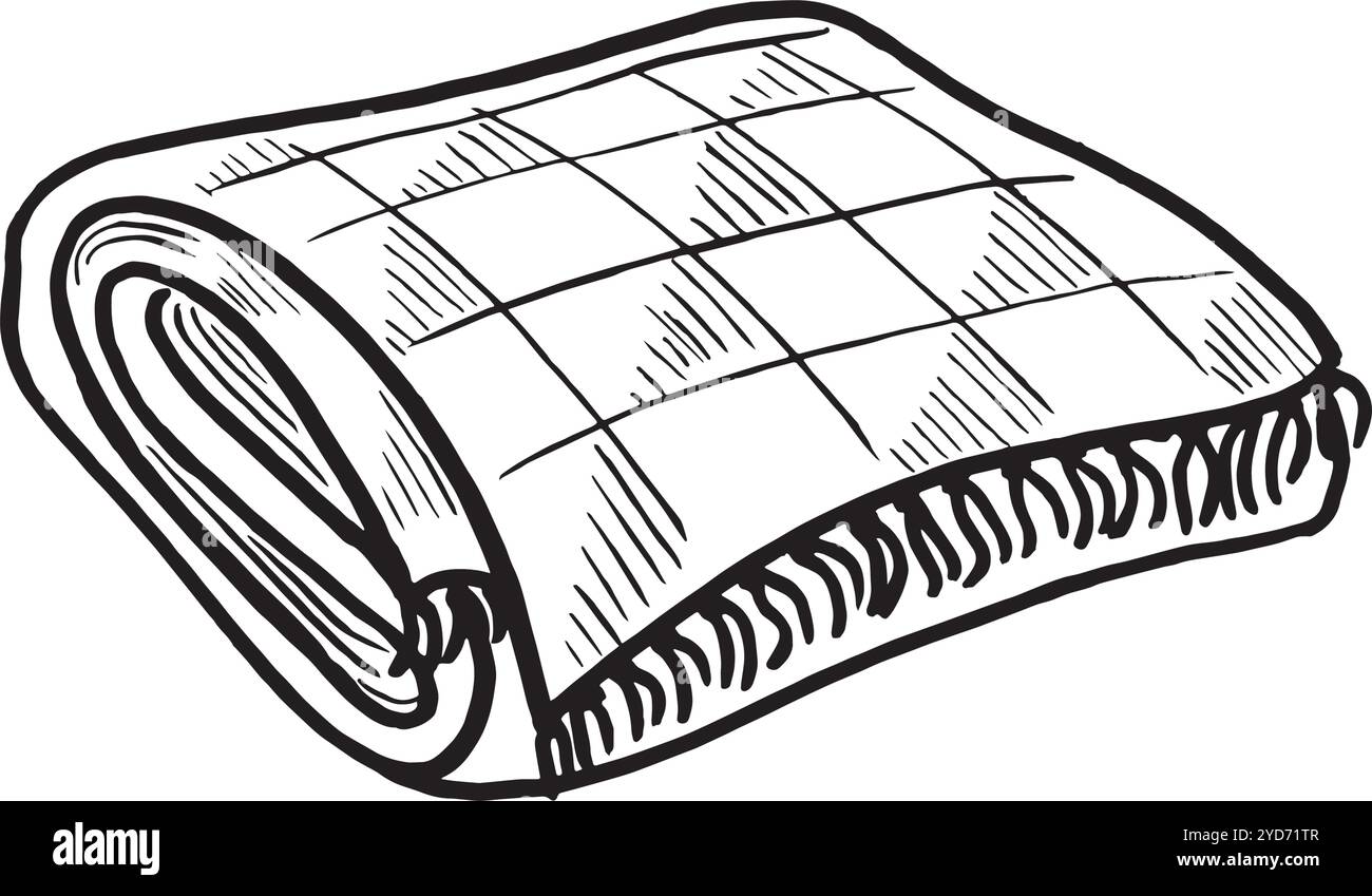 Wool blanket folded with fringe sketch. Vector graphic line ...