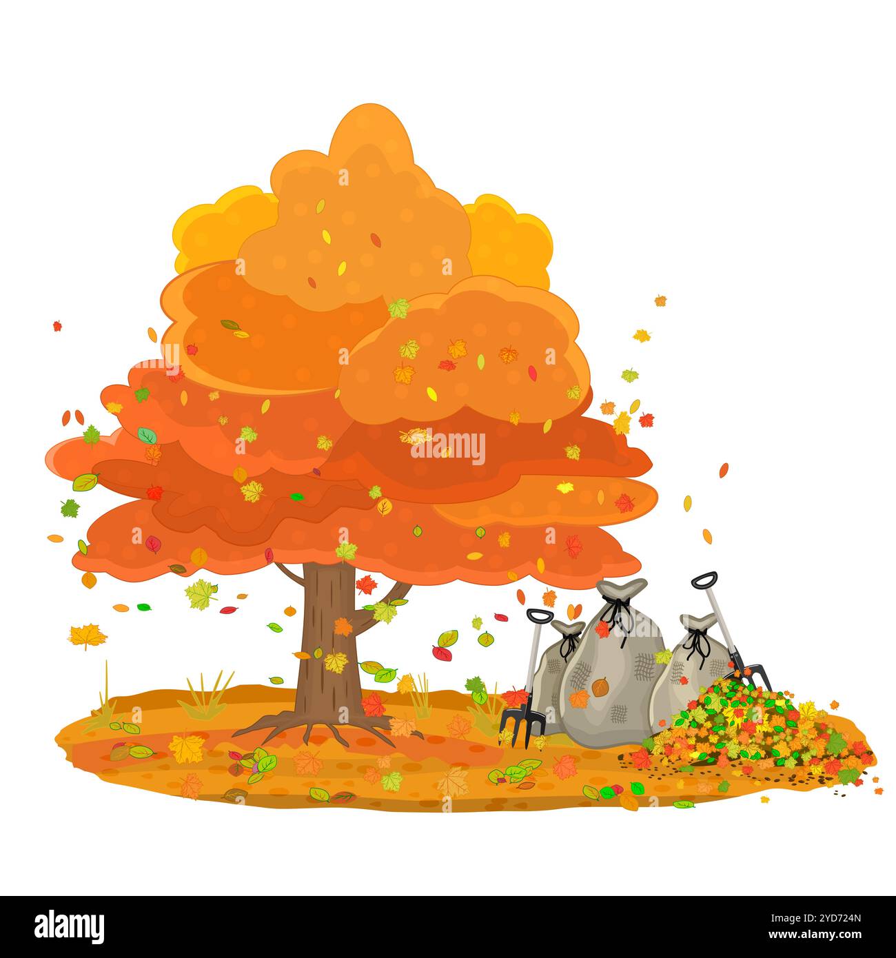 Autumn trees, leaf and full sacks with leaves. Seasonal cleaning garden ...