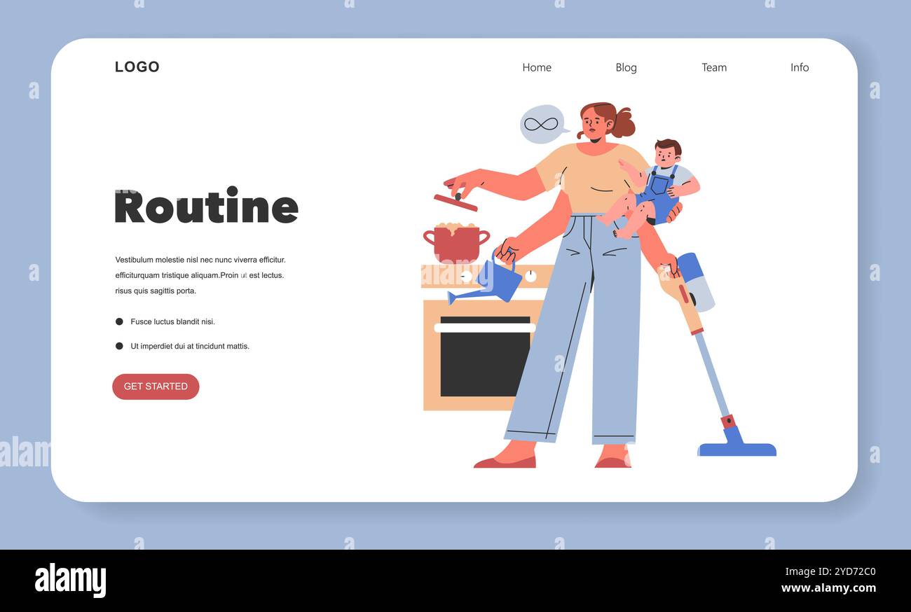 Multitasking mother illustration. Woman cooking, cleaning, and holding ...