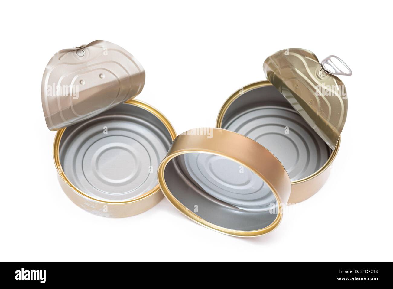 Three Opened Empty Tin Cans Isolated on White Background. Clean Used ...