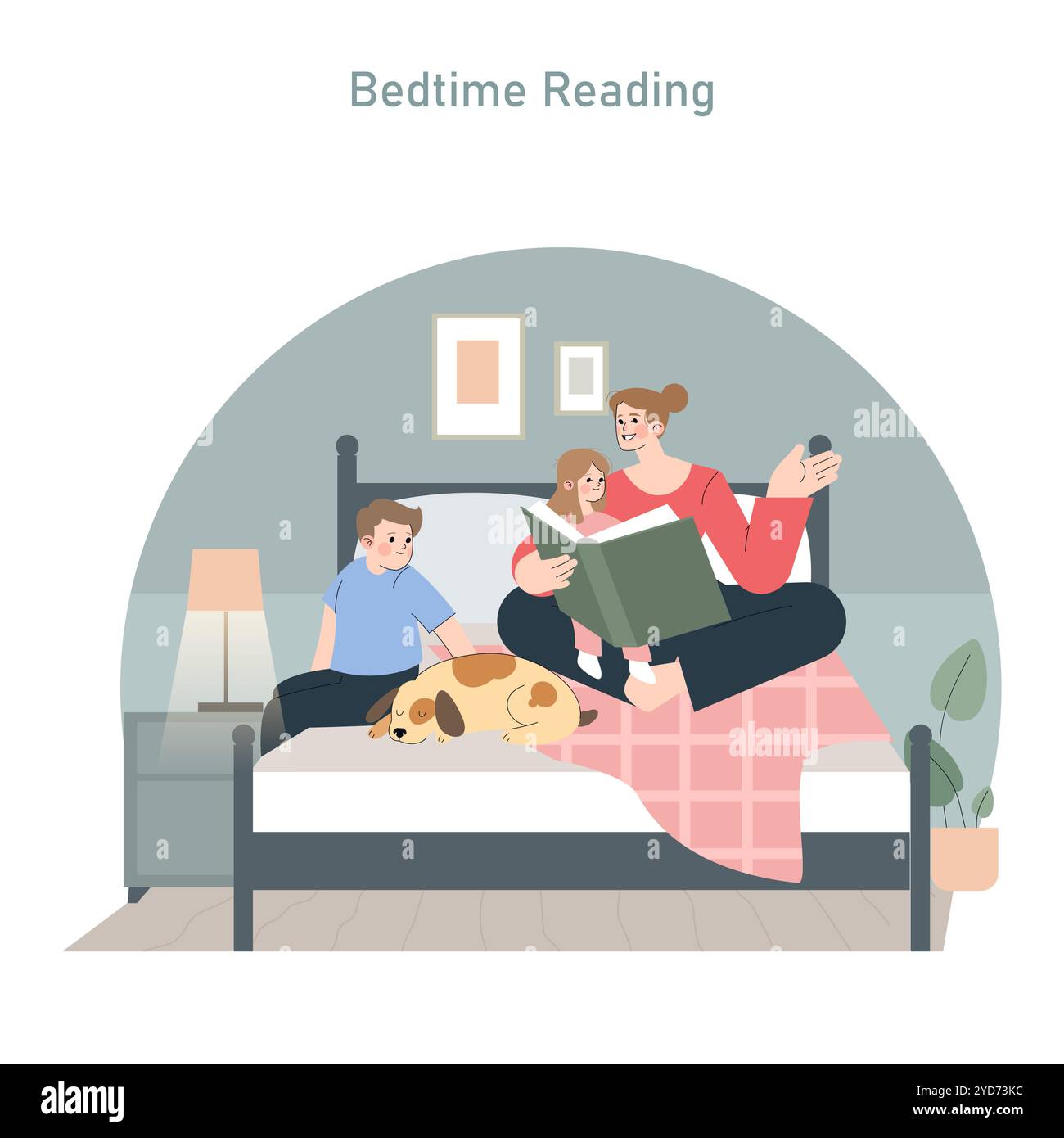 Family bedtime routine with mother reading a book to her children and ...