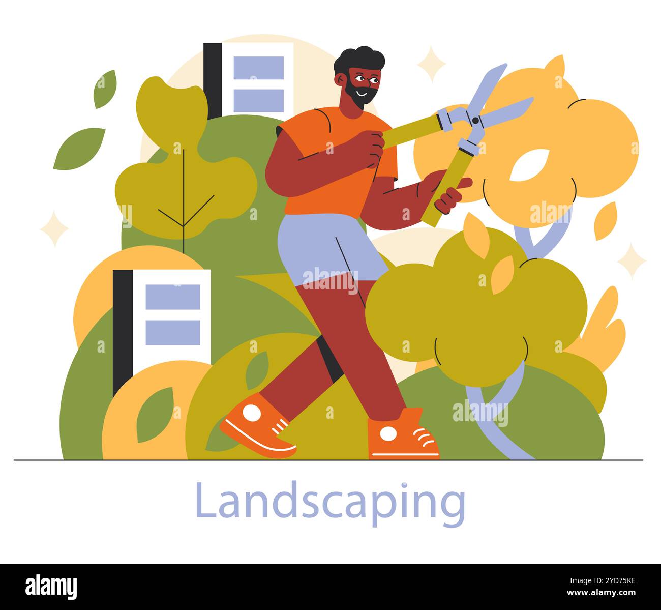 Landscaping concept. A smiling landscaper trimming lush bushes in a ...