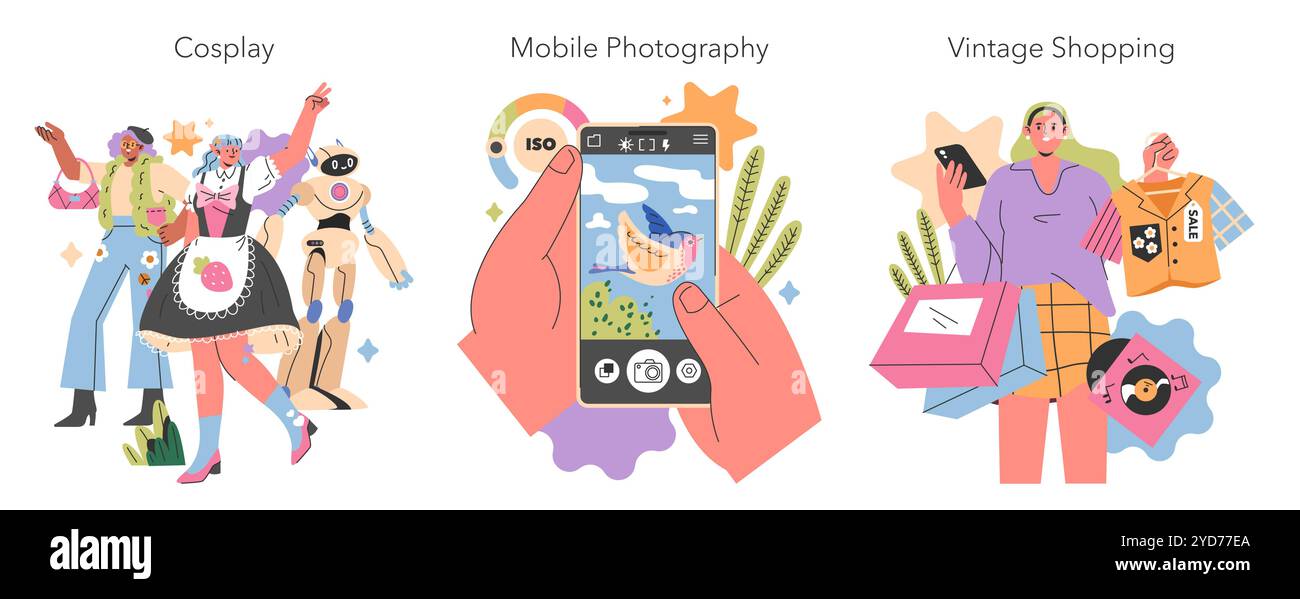 Gen Z Hobbies set. A diverse group engaging in cosplay, mobile ...