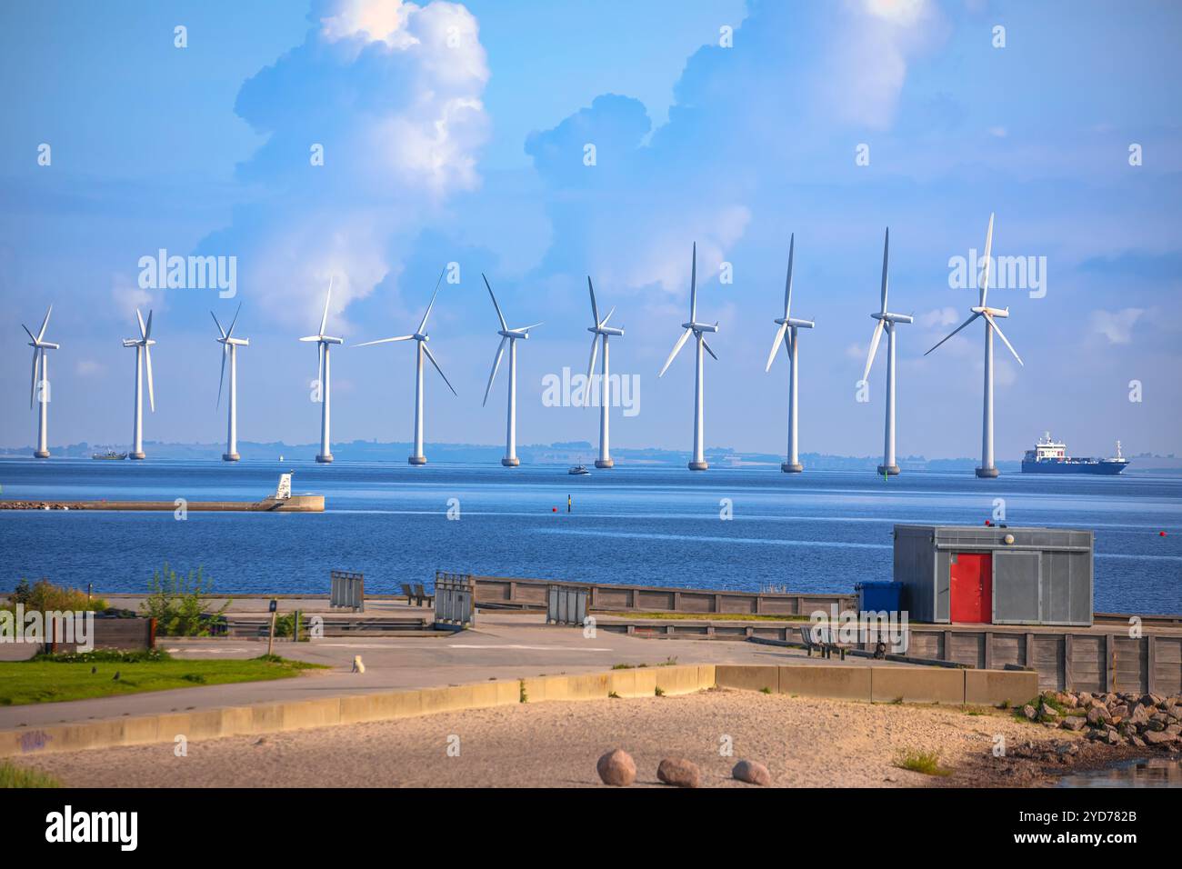 Wind power turbines in Oresund channel between Sweden and Denmark view ...