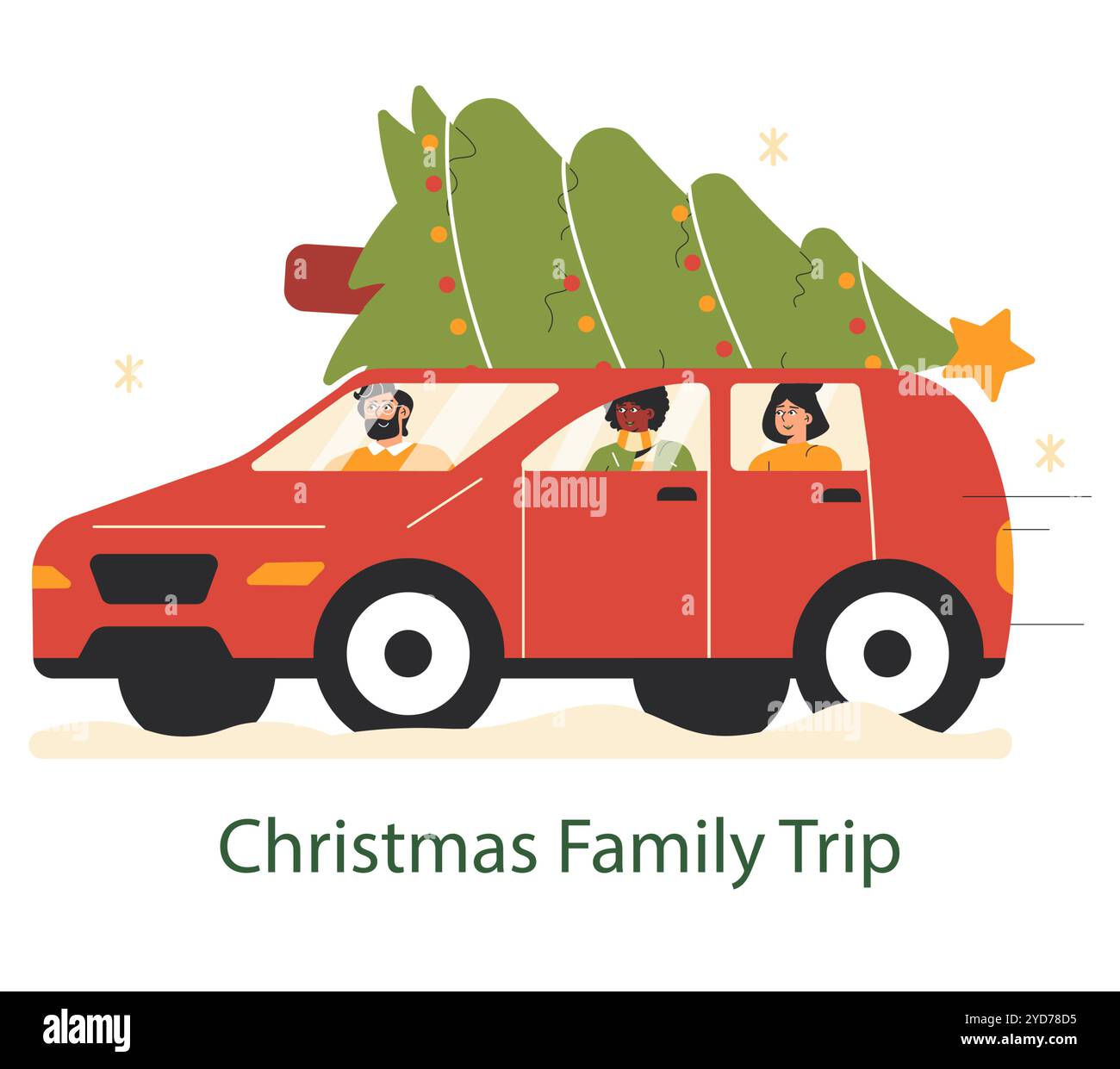 Christmas Family Trip concept. A cheerful family drives home with a ...