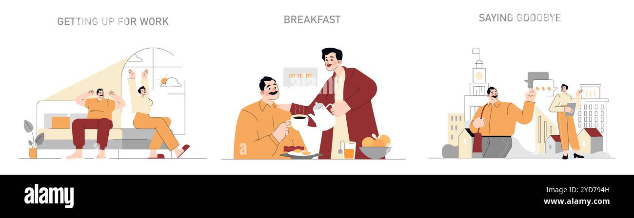 Morning Routine set. A carpenter's day beginning with waking up ...