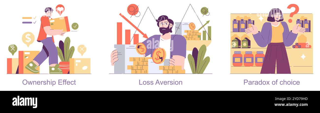 Behavioral Economics set. Illustrating ownership effect, loss aversion ...