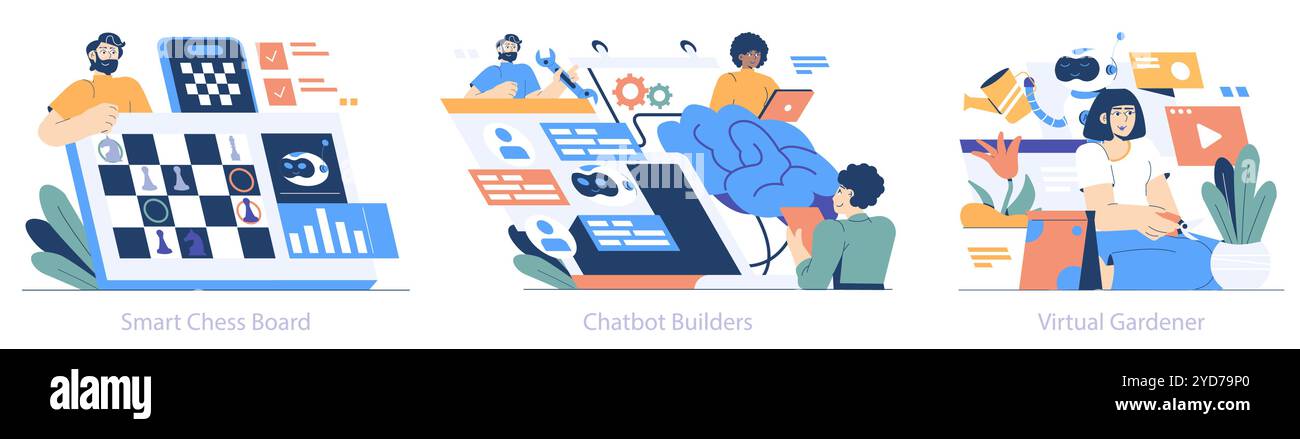 AI Hobbyist set. People engaging with digital technology in chess ...