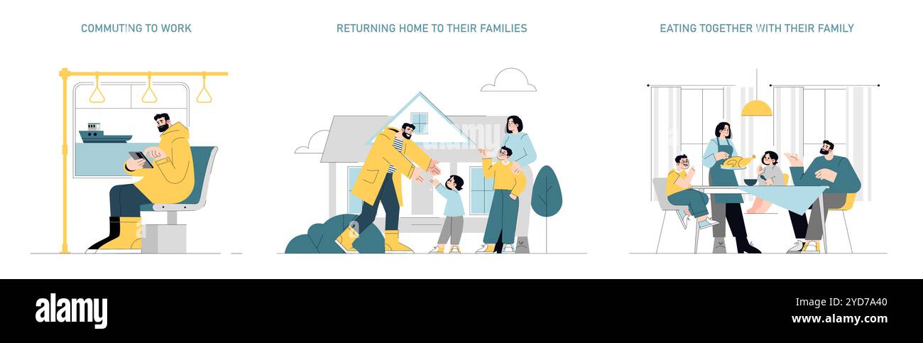Family daily routine set. From commuting to work, reuniting at home, to ...