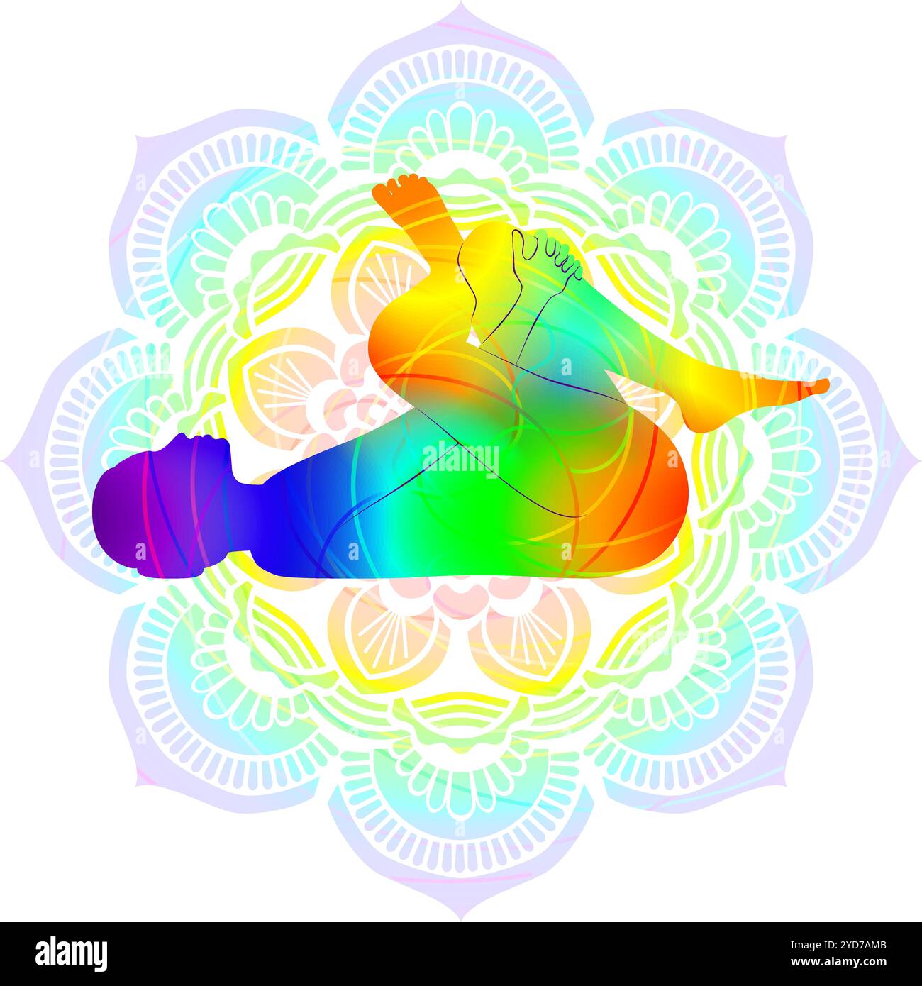 Colorful silhouette of woman practicing Supta Kapotasana yoga pose ...
