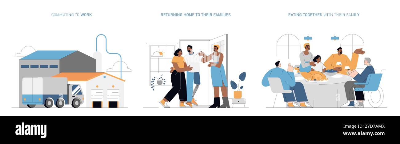 Delivery Person Day set. Illustrating the daily routine from work ...