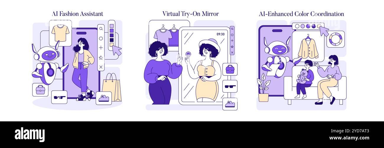 AI Fashion Technology set. Digital fashion assistant, virtual fitting ...