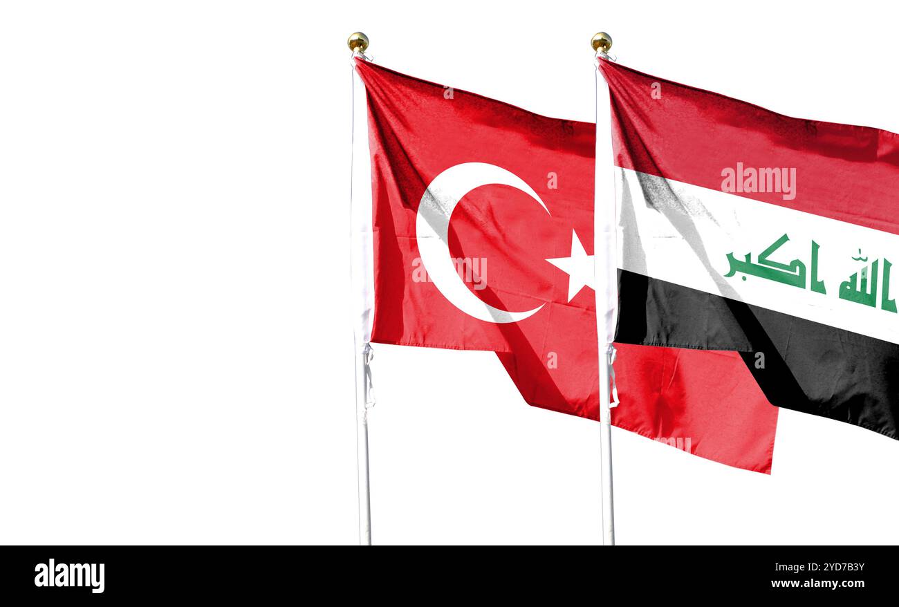 Iraqi and Turkish flags flutter under cloudy sky. fly in the sky Stock ...