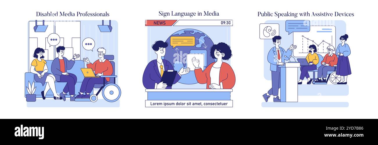 Inclusion in media and workplace set. Diverse professionals ...