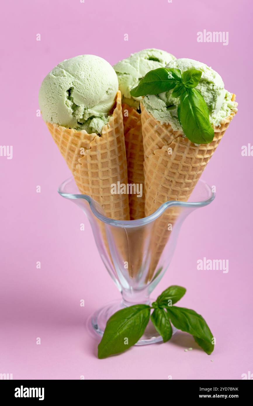 Basil ice cream cones (sundaes Stock Photo - Alamy