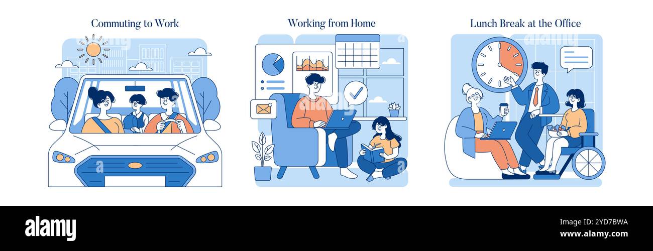 Work Routine set. Diversity of modern work life captured in commuting ...