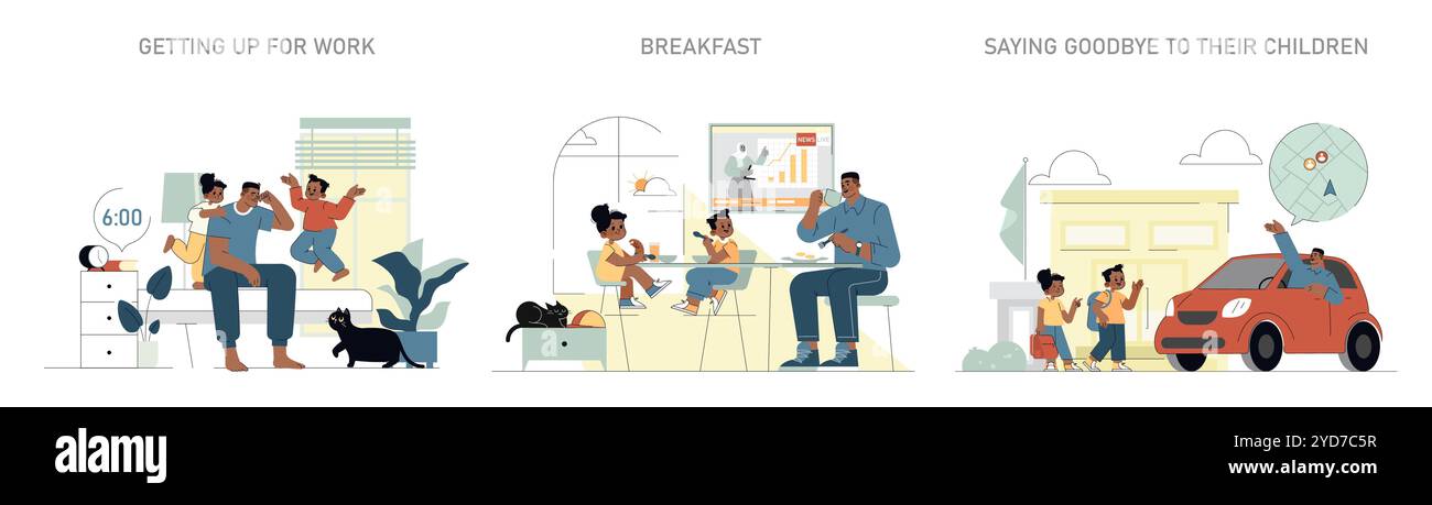 Builder's morning routine set. Man wakes, enjoys breakfast with family ...