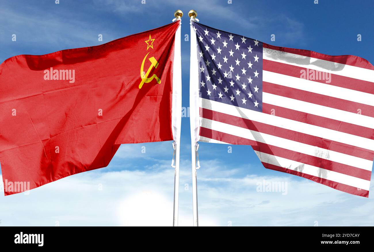 Cold war. Flag of the Soviet Union (1922-1991). American flag (50 stars ...
