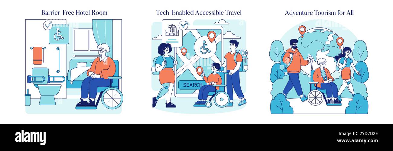 Disabled Travel set. Accessibility in hospitality, technology aiding exploration, inclusive ...