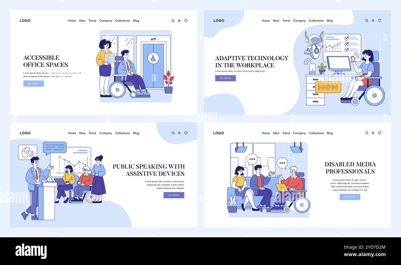 Inclusive Workplace set. Office adaptations for employees with disabilities. Workplace diversity ...