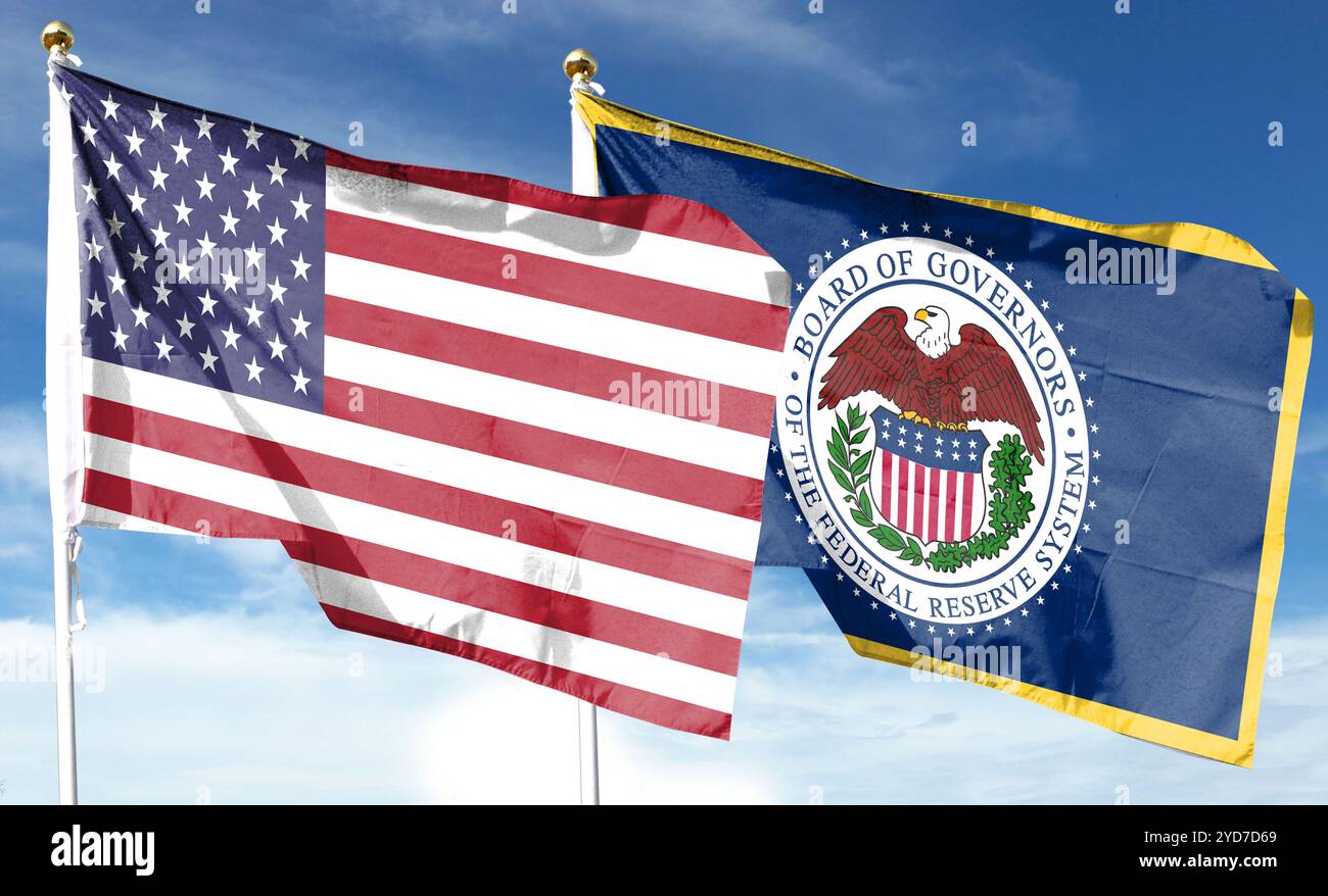 Twin Flags USA and Federal Reserve System, Fed Waving Flags with ...