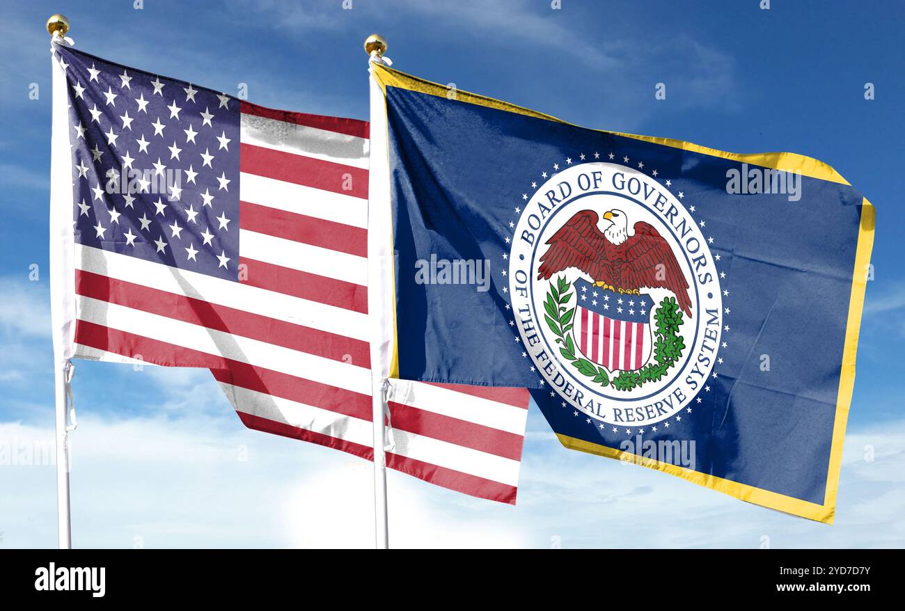 Twin Flags USA and Federal Reserve System, Fed Waving Flags with ...
