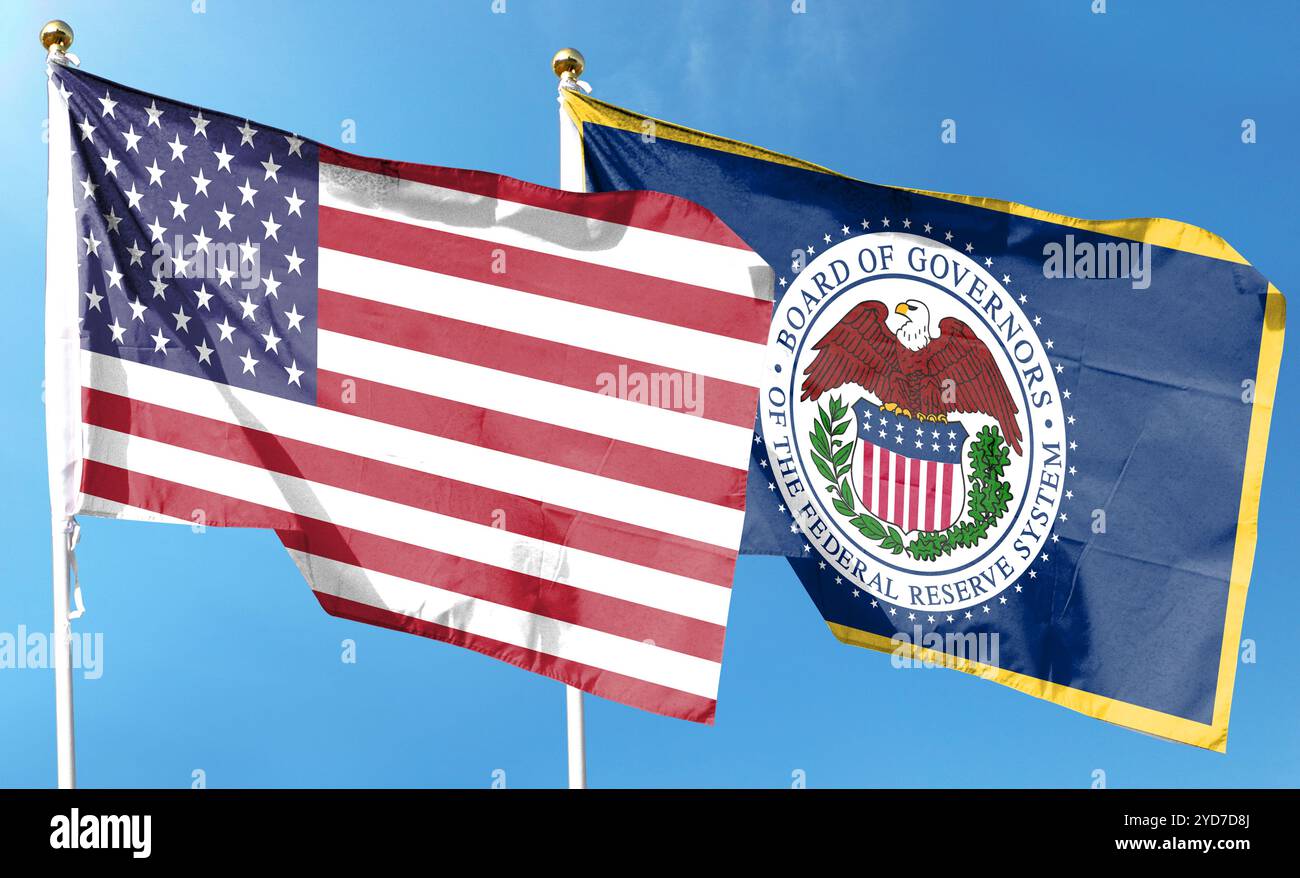 Twin Flags USA and Federal Reserve System, Fed Waving Flags with ...