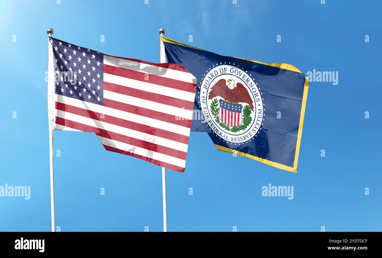 Twin Flags USA and Federal Reserve System, Fed Waving Flags with ...
