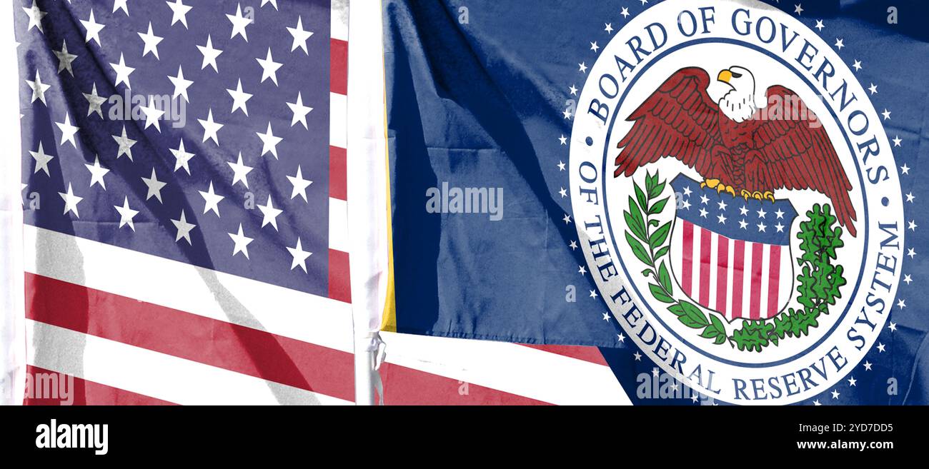 Twin Flags USA and Federal Reserve System, Fed Waving Flags with ...
