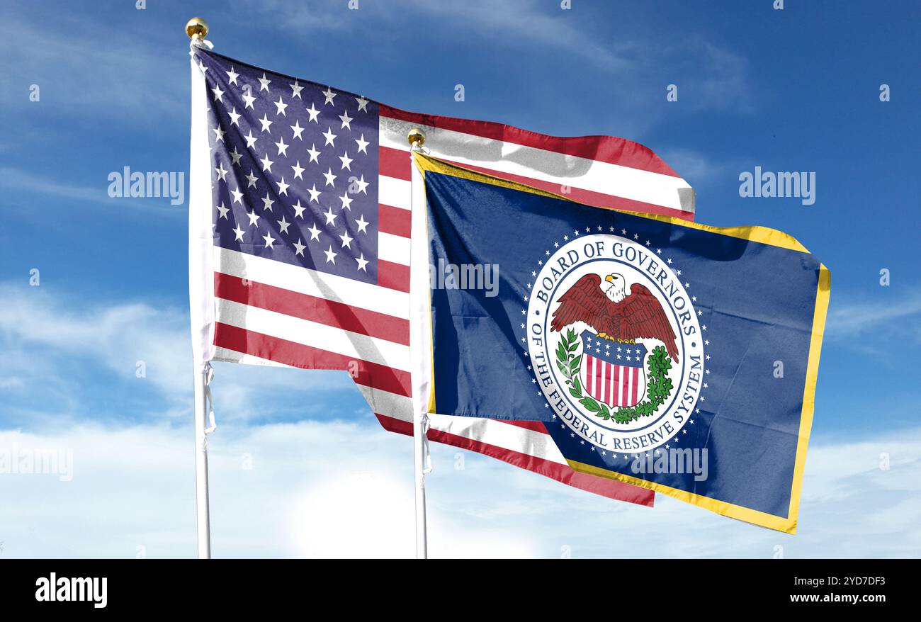 Twin Flags USA and Federal Reserve System, Fed Waving Flags with ...