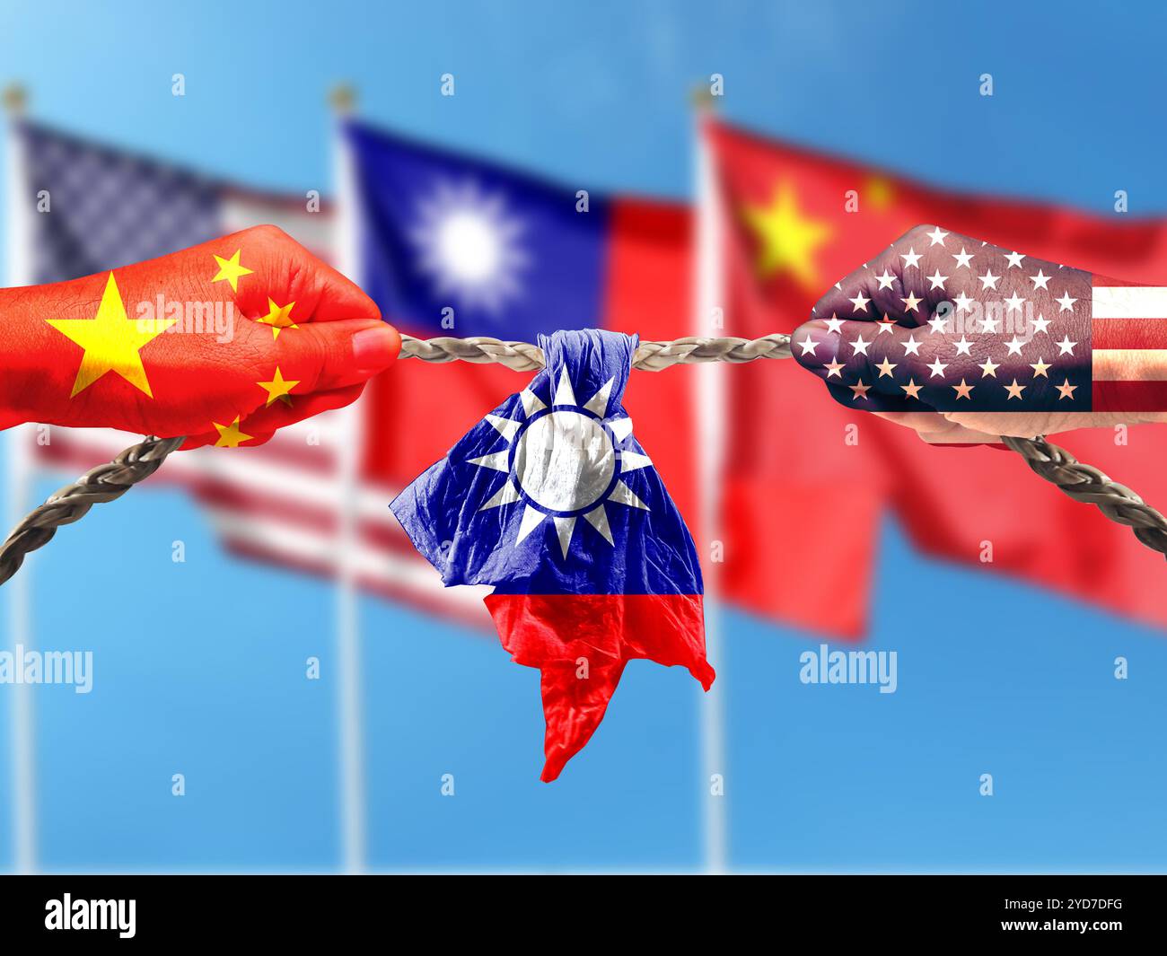 United States and China flags combined fist together. Taiwan flag in ...