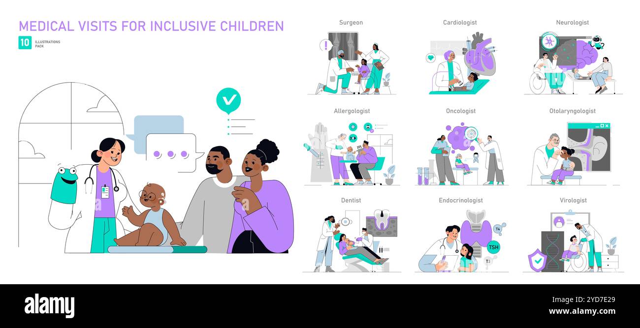 Medical Visits for Inclusive Children set. Specialized pediatric ...