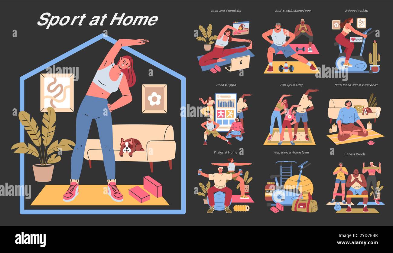 Sport at Home concept. Active lifestyle with indoor fitness activities illustrated. Home ...