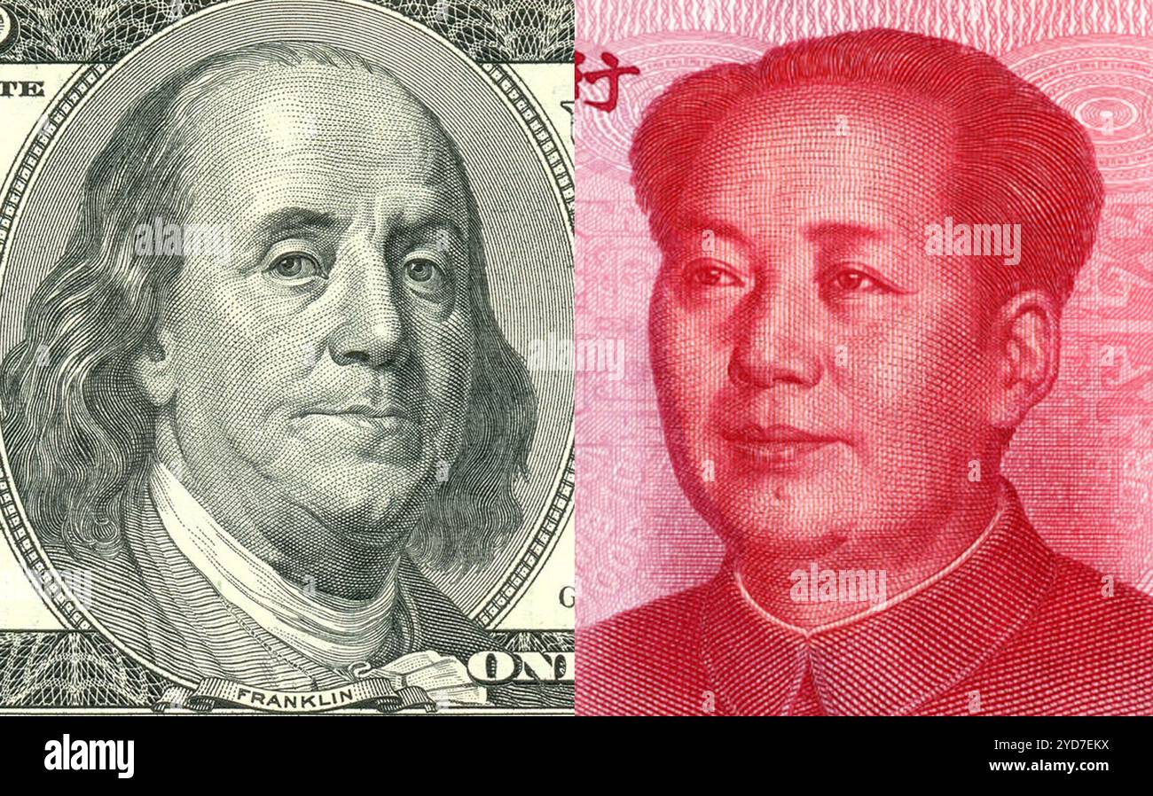 100 United States Dollar (USD) and 100 Renminbi (RMB, CNY) banknotes ...