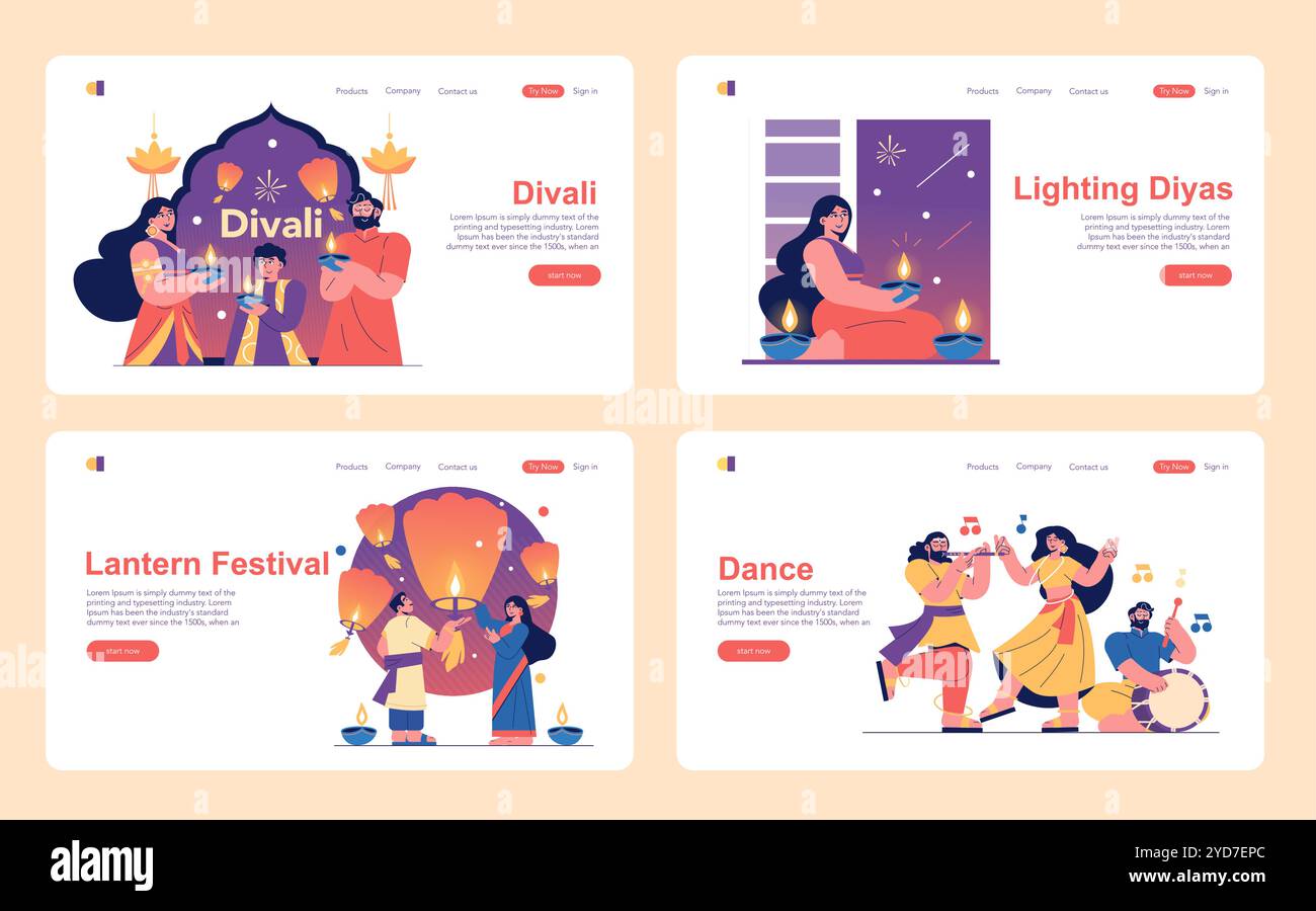 Diwali festival set. Celebratory traditions, family lighting diyas ...