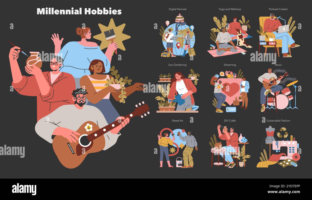 Millennial Hobbies set. Leisure activities ranging from digital nomad ...
