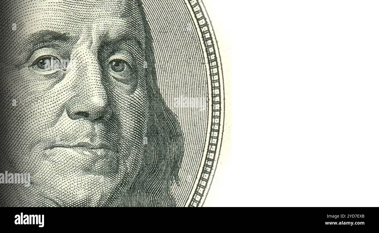 Macro close up of Ben Franklin's face on the US $100 dollar bill Stock ...