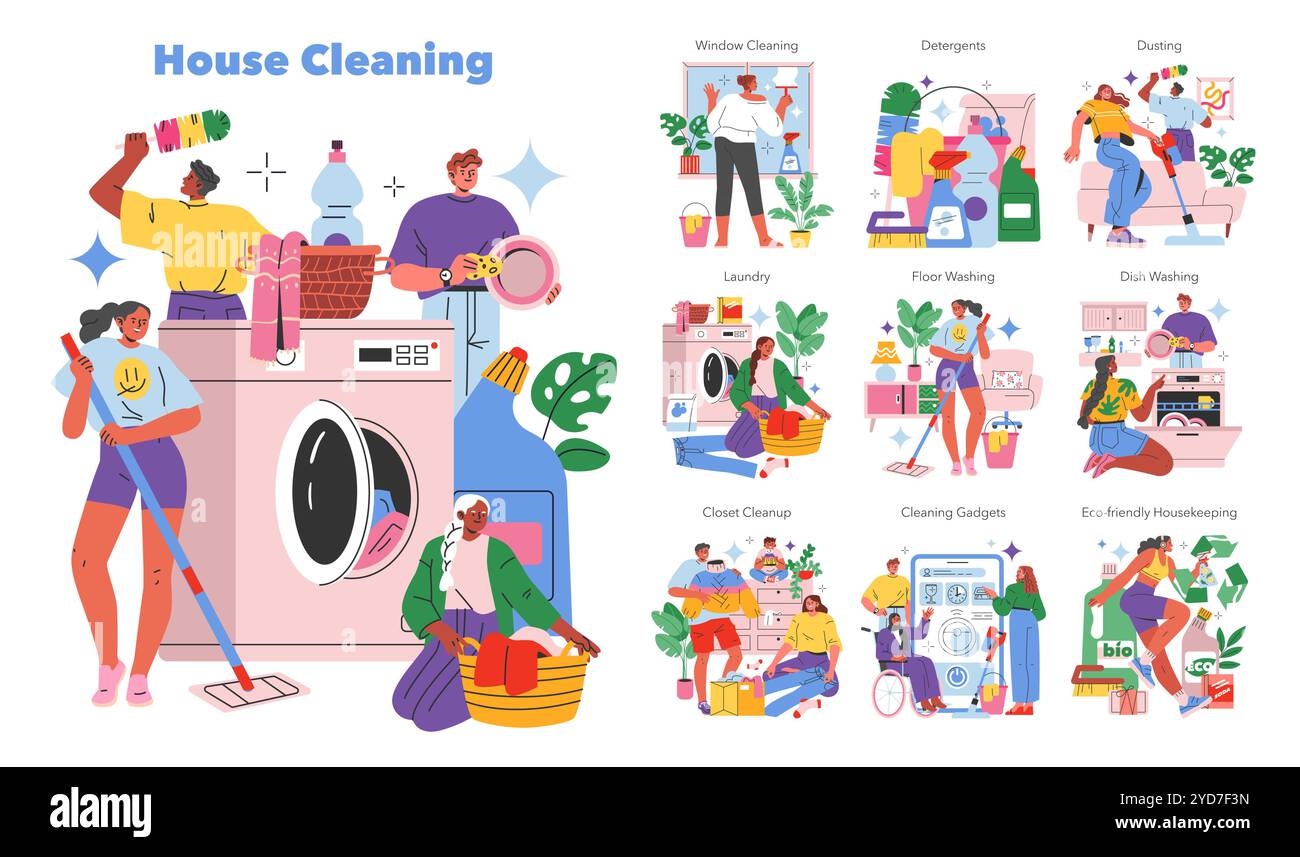 House Cleaning set. Diverse people engaged in different home cleaning ...