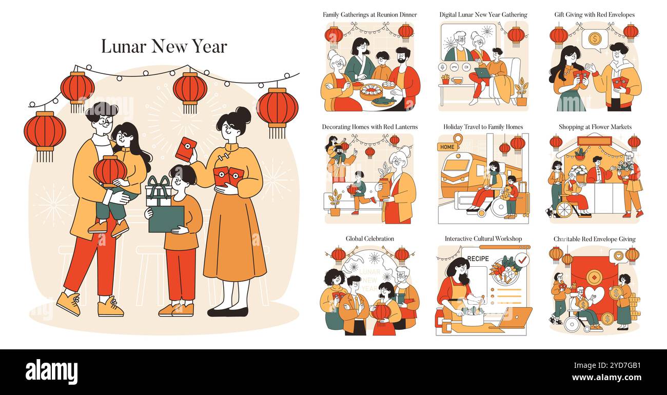 Lunar New Year set. Celebrations include family dinners, gift exchanges ...