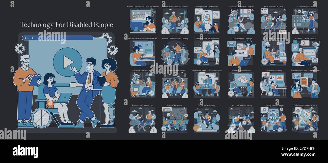 Technology for Disabled People set. Diverse assistive devices and ...