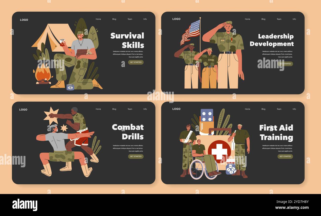 Military training set. Soldiers engage in outdoor survival, salute for ...