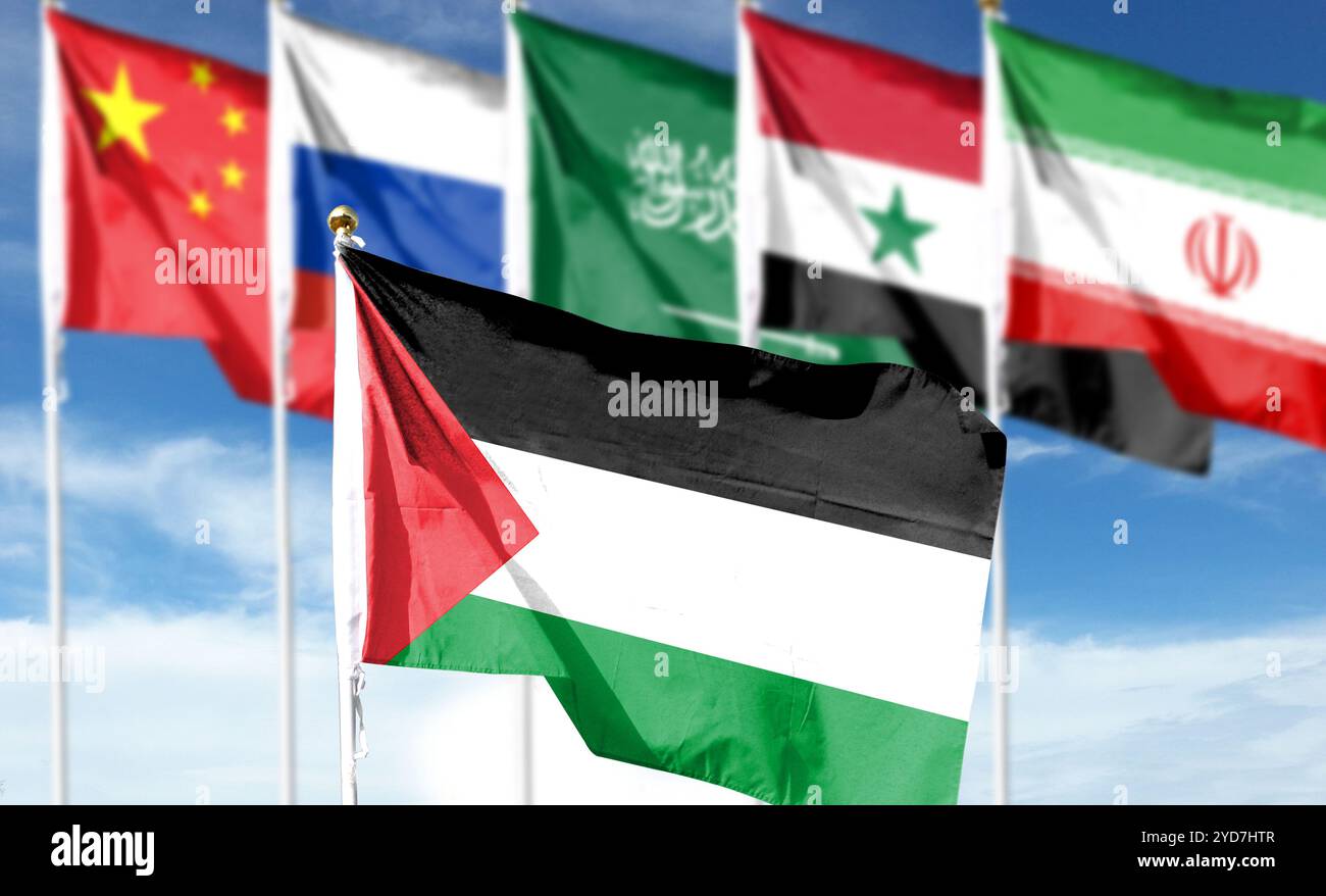 Flags of Palestine and China, Russia, Saudi Arabia, Iran, Syria ...