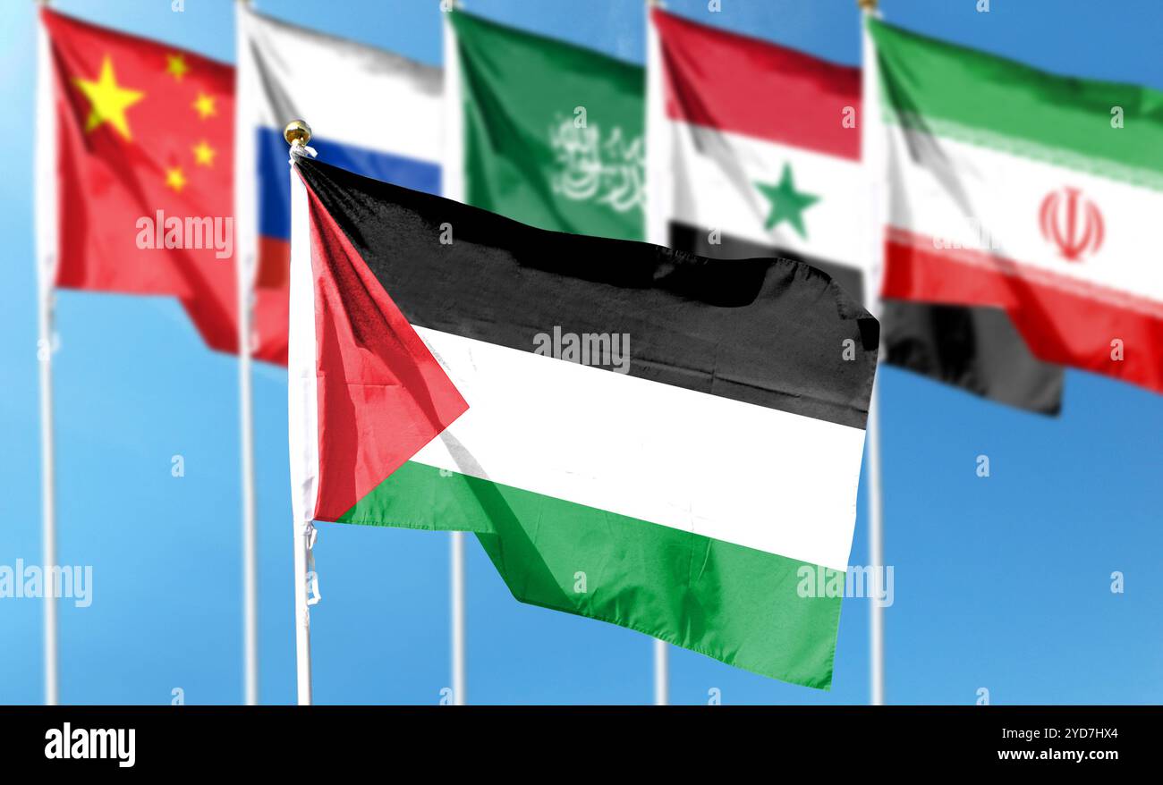 Flags of Palestine and China, Russia, Saudi Arabia, Iran, Syria ...