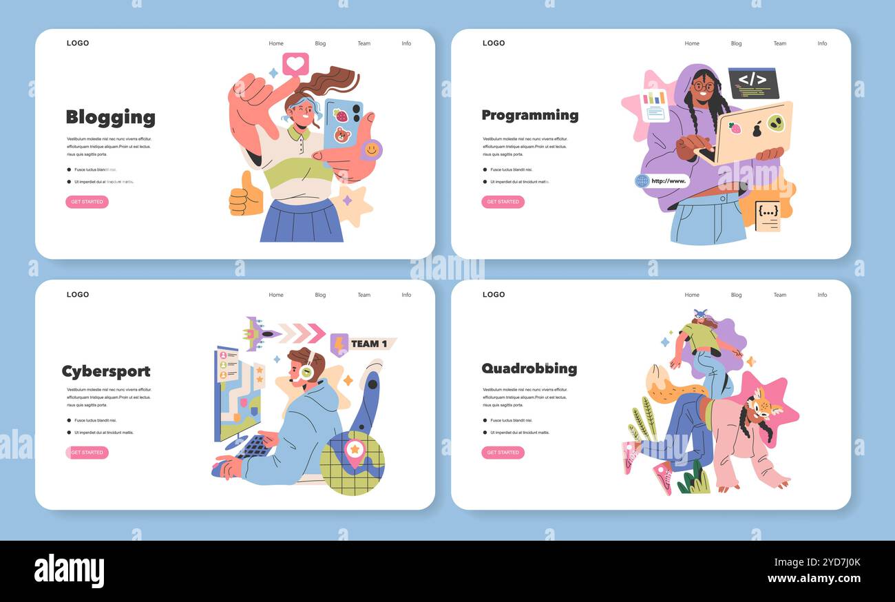 Gen Z Hobbies set. Modern young adults engaged in blogging, programming ...