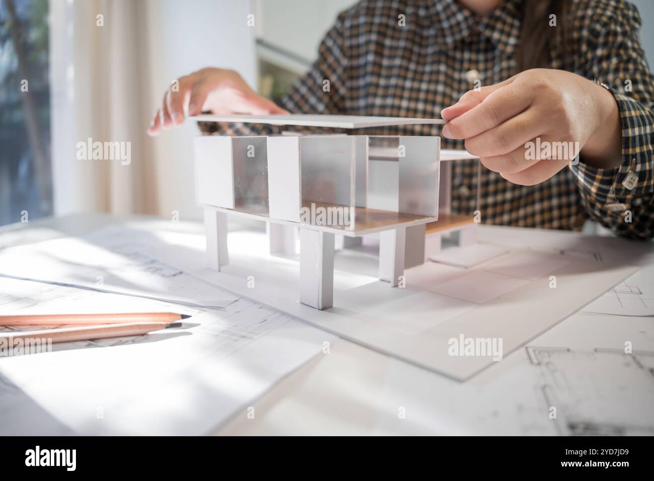 House model on Buleprint construction drawing and drawing equipment ...